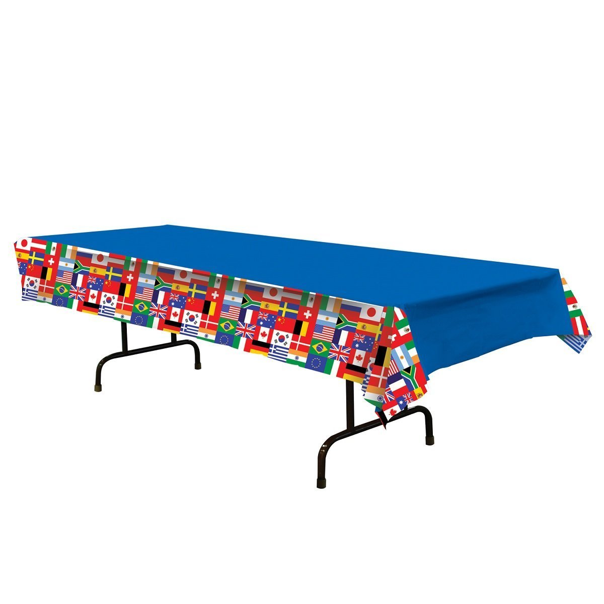 International Flags Party Decorations - International Flags Tablecover, 23 ft Pennant Flag Banner, Toothpick Flags (50), and Countries of the World Trivia Questions