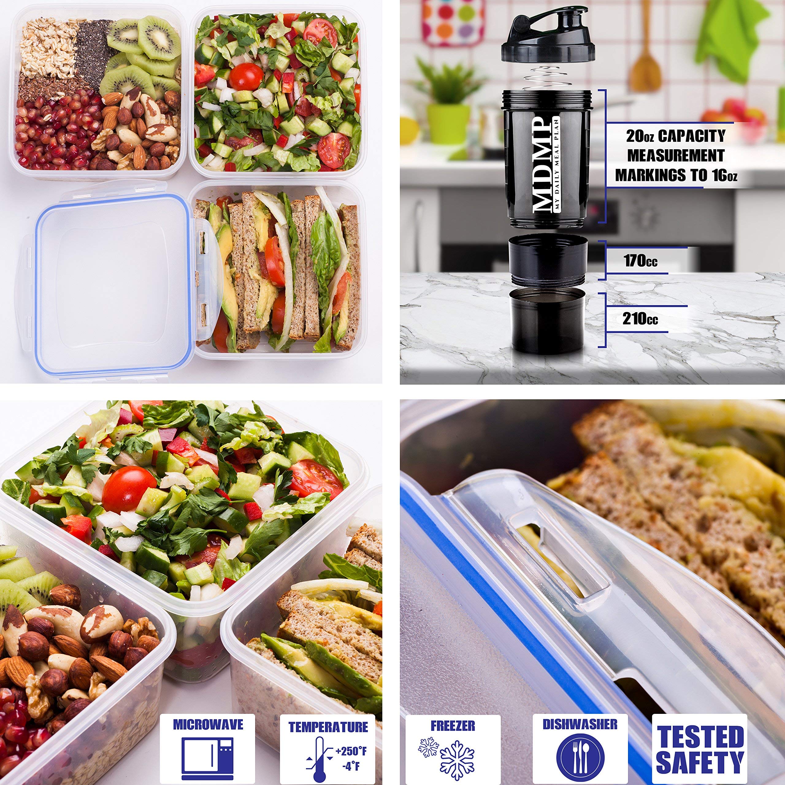 Meal Prep Lunch Bag / Box For Men, Women + 3 Large Food Containers (45 Oz.) + 2 Big Reusable Ice Packs + Shoulder Strap + Shaker With Storage. Insulated Lunchbox Cooler Portion Control Set (Black)