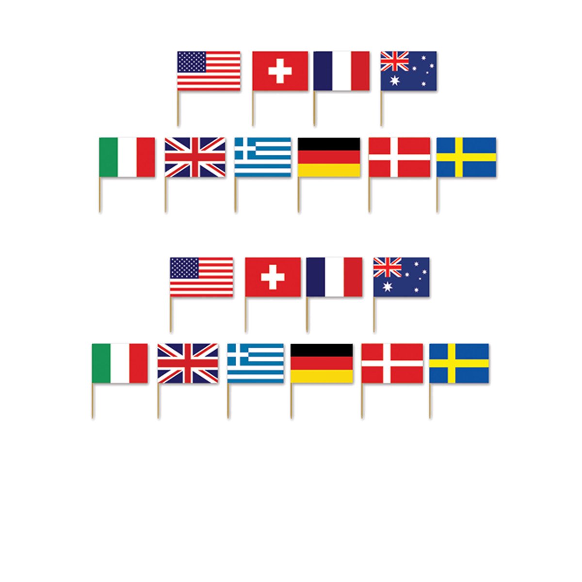 International Flags Party Decorations - International Flags Tablecover, 23 ft Pennant Flag Banner, Toothpick Flags (50), and Countries of the World Trivia Questions