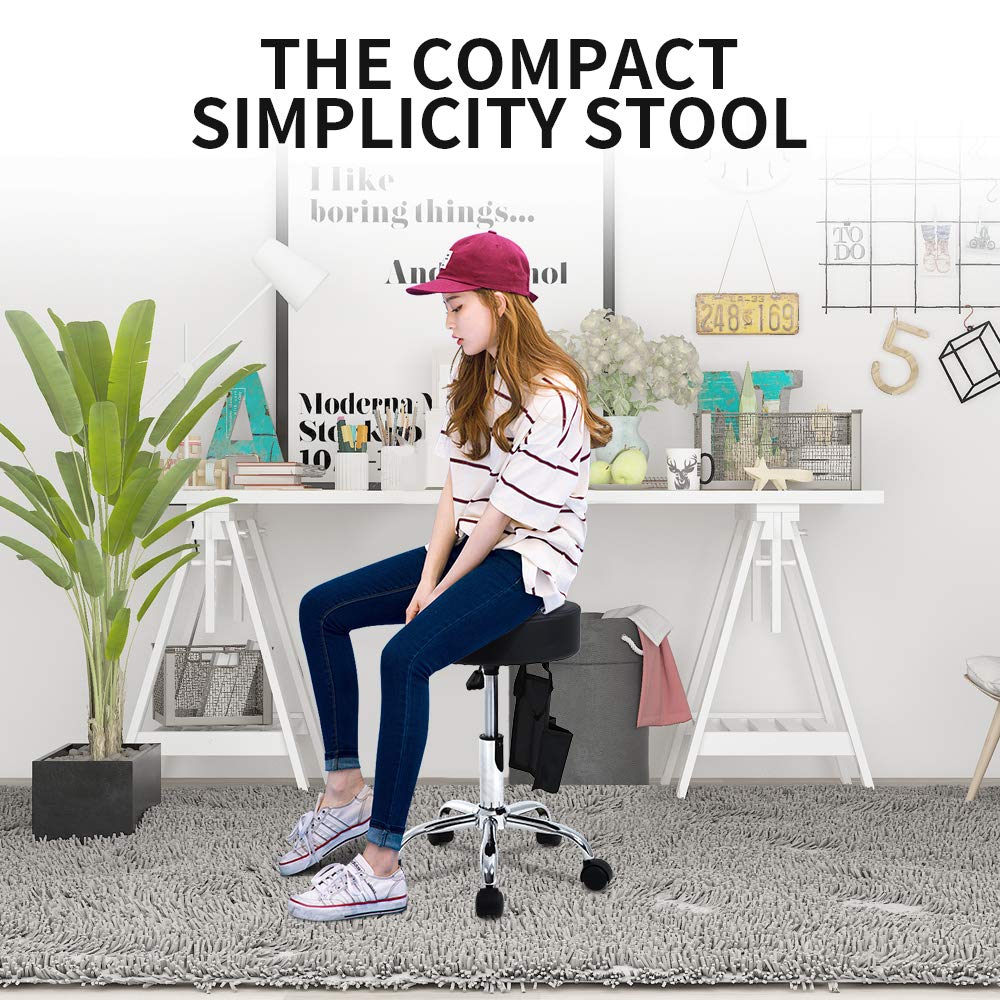 Rolling Stool Adjustable Height Hydraulic Swivel Stool with Wheels & Storage Bag, PU Leather Tattoo Facial Massage Spa Salon Stool Medical Stool, Black