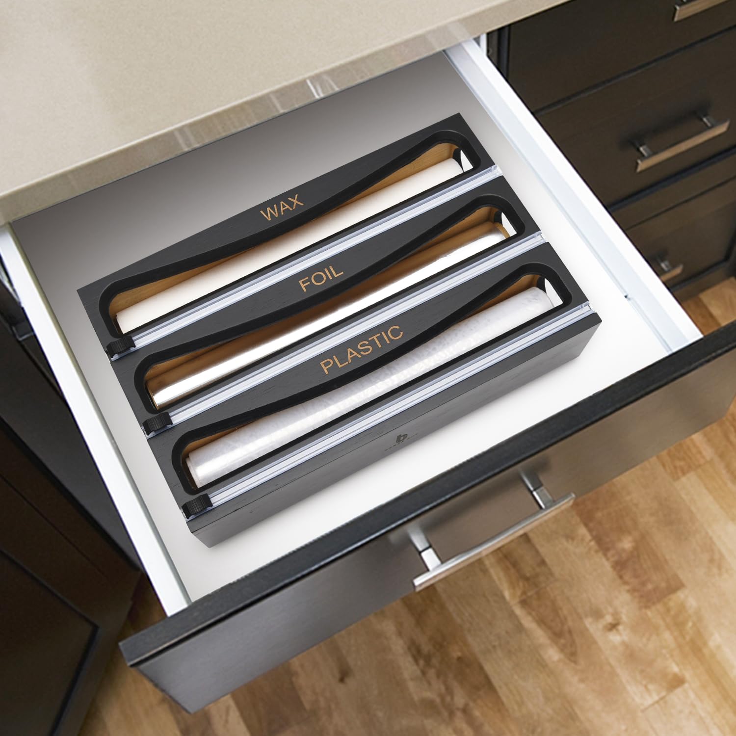 Cozee Bay Bamboo Wrap Dispenser with Cutter, Plastic Wrap Organizer, Aluminum Foil Organization, and Wax Paper Dispenser Holder for Kitchen Drawer and Wall, Compatible with 12" Roll (Black)