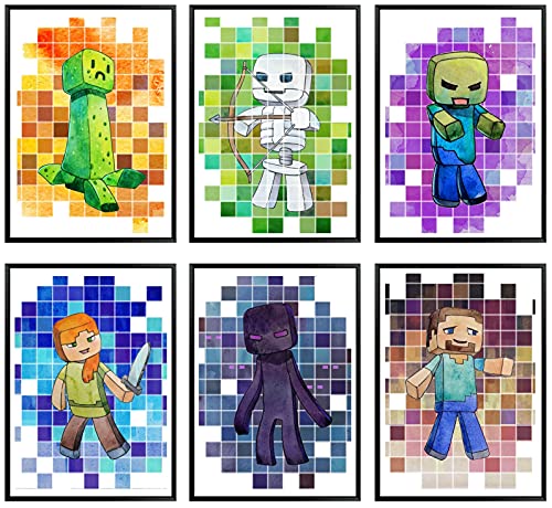 Mining Fun Wall Art Pixel Mine Posters for Boys Room – Miner Gamer Themed Wall Decor – Unframed Set of 6 Prints, 8x10 Inch, Unique Watercolor Painted Gaming Wall Art Room Decor for Boys, Teens, Kids Bedroom, Game Room, Playroom