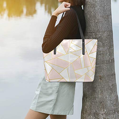 MNSRUU Tote Bag for Women Rose Gold Pink Geometry Marble Shoulder Bag Big Capacity PU Leather Handbag