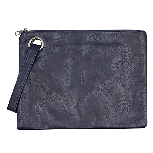 C.C-US Women Oversized Envelope Handbag Soft Leather Clutch Evening Bag Purse with Wrist Strap (Navy Blue)