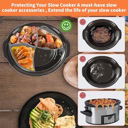 YSF Silicone Slow Cooker Liners, Reusable 4 Divider Inserts, Fits Crock-pot Oval 8 QT 4-in-1 Slow Cooking, Leakproof, Dishwasher Safe, Food-Grade BPA Free, 8 Quart Cook Four Dishes at Once (Gray)