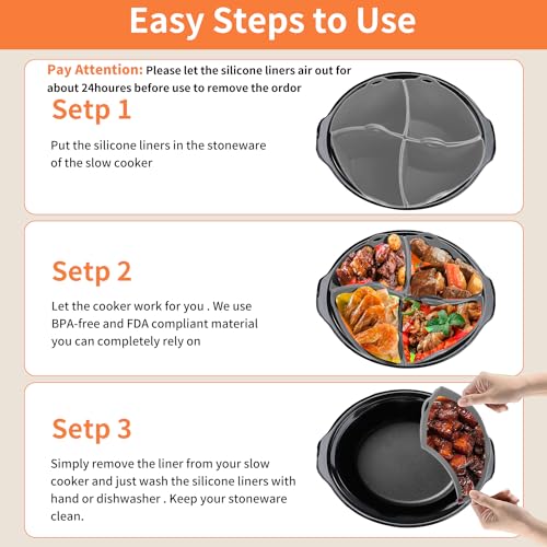 YSF Silicone Slow Cooker Liners, Reusable 4 Divider Inserts, Fits Crock-pot Oval 8 QT 4-in-1 Slow Cooking, Leakproof, Dishwasher Safe, Food-Grade BPA Free, 8 Quart Cook Four Dishes at Once (Gray)