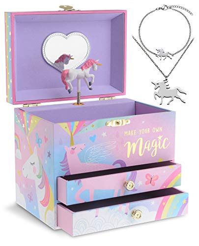 Jewelkeeper Cotton Candy Unicorn Music Box & Little Girls Jewelry Set - 3 Unicorn Gifts for Girls - Jewelry Box for Girls