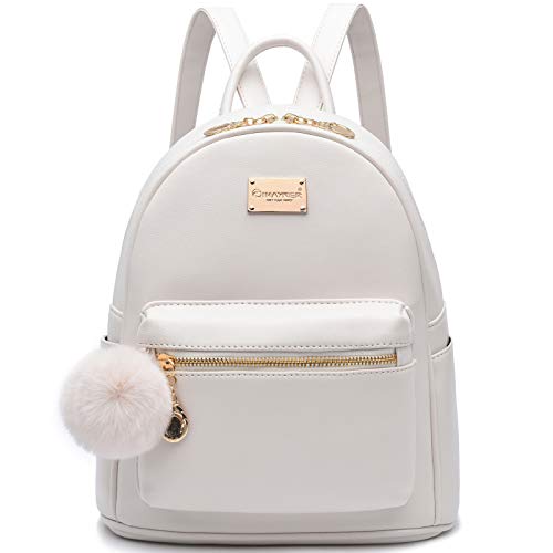 I IHAYNER Girls Fashion Backpack Cute Leather Backpack Mini Backpack Purse for Women Satchel School Bags with Pompom Casual Travel Daypacks White