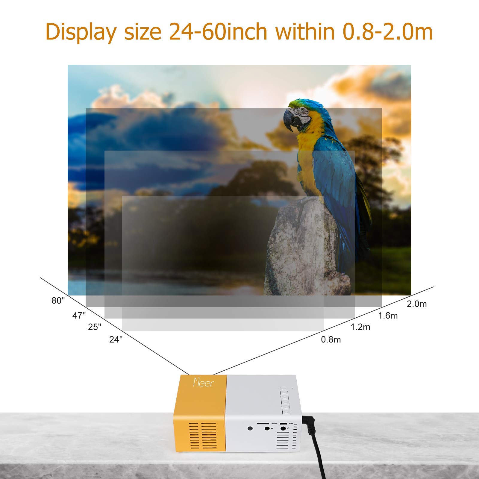 Meer Mini Projector,Portable Movie Projector,Smart Home Projector,Neat Projector for iOS,Android,Windows,PS5,Laptop,TV-Stick,Compatible with HDMI,USB,Audio,TF Card,AV and Remote Control
