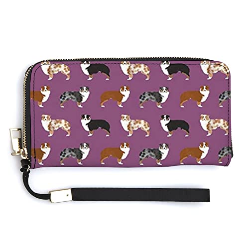 Australian Shepherd Dogs PU Leather Clutch Wallets Long Zip Purse Tote Handbag With Removable Wristlet For Women Girl's