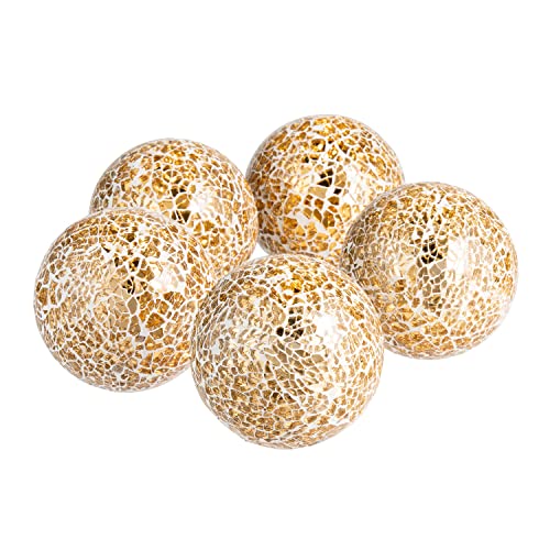 Ka Home Gold Mosaic Glass Orbs Set of 5 - Decorative Sphere Balls for Centerpiece, Tray and Bowl Displays -3 inches Each