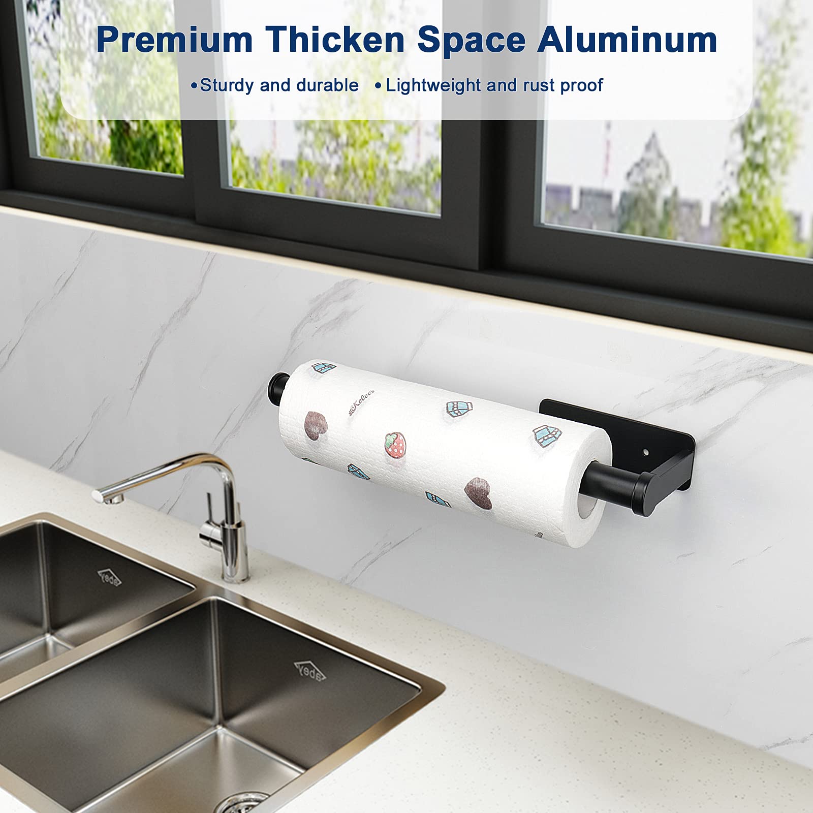 NearMoon Paper Towel Holder Under Cabinet, Paper Towel Roll for Kitchen, Paper Towels Bunk Wall Mounted & Self Adhesive Vertically or Horizontally (Space Aluminum, Matte Black)
