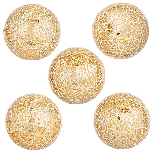 Ka Home Gold Mosaic Glass Orbs Set of 5 - Decorative Sphere Balls for Centerpiece, Tray and Bowl Displays -3 inches Each