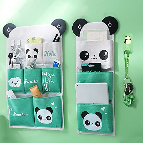 pandaonly 2 Wall Hanging Storage Bag,Linen Cotton Fabric Waterproof Pocket Organizer Bag with 6 Hooks,Over the Door/Wall for Bedroom Bathroom Closet Home Organizer