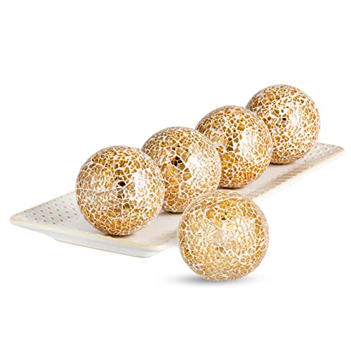 Ka Home Gold Mosaic Glass Orbs Set of 5 - Decorative Sphere Balls for Centerpiece, Tray and Bowl Displays -3 inches Each