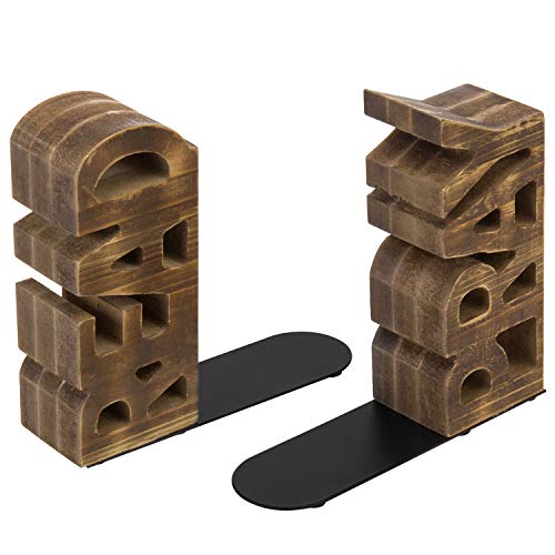 MyGift Rustic Burnt Wood Decorative Bookends with Read and Pray Carved Block Words, Home Office Children's Library Book Stand, 1 Pair