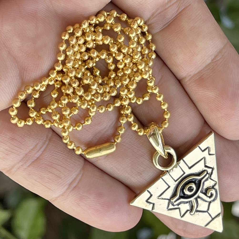 The Millenium Puzzle Illuminati Pyramid Horus Ra Evil All seeing Eye Men's Pendant Necklace Pewter Gold plated Pendant Money Wealth Lucky Charm Protection Amulet w Brass ball chain
