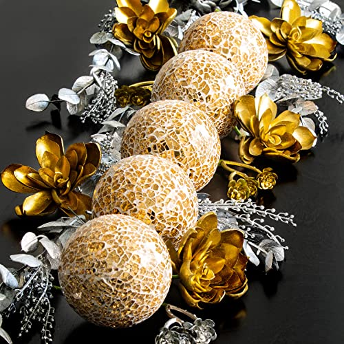 Ka Home Gold Mosaic Glass Orbs Set of 5 - Decorative Sphere Balls for Centerpiece, Tray and Bowl Displays -3 inches Each