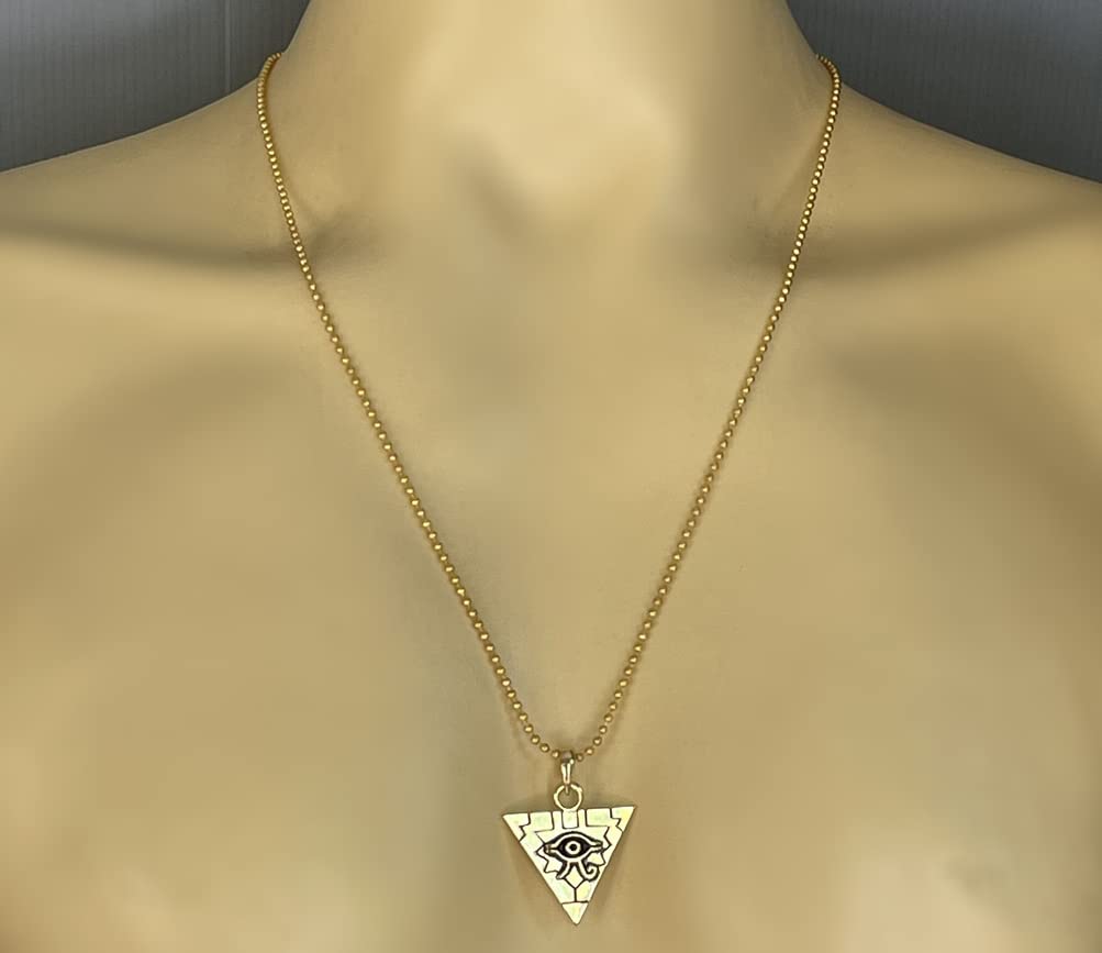 The Millenium Puzzle Illuminati Pyramid Horus Ra Evil All seeing Eye Men's Pendant Necklace Pewter Gold plated Pendant Money Wealth Lucky Charm Protection Amulet w Brass ball chain