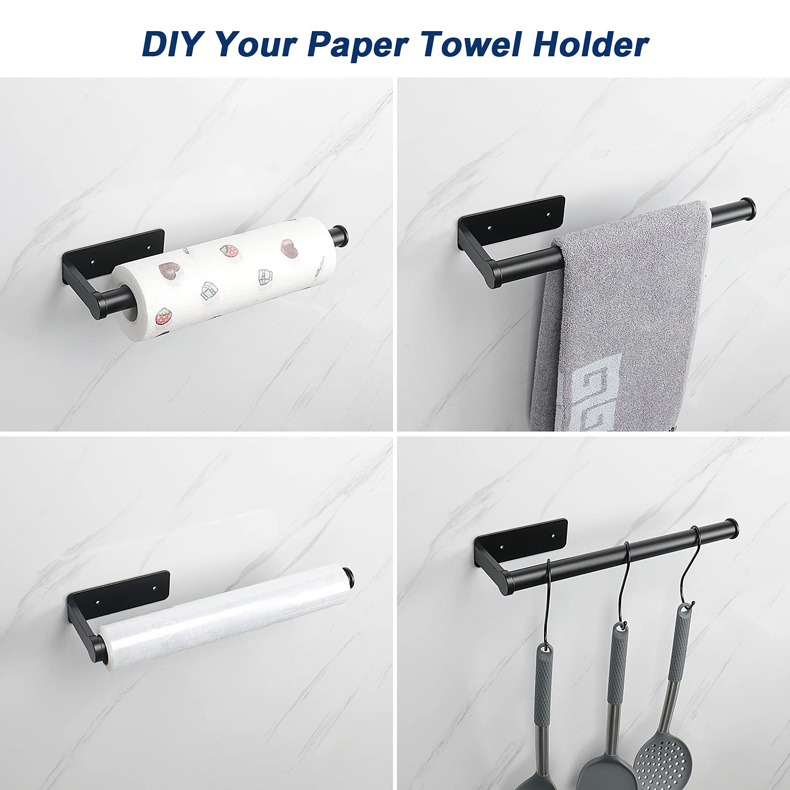 NearMoon Paper Towel Holder Under Cabinet, Paper Towel Roll for Kitchen, Paper Towels Bunk Wall Mounted & Self Adhesive Vertically or Horizontally (Space Aluminum, Matte Black)