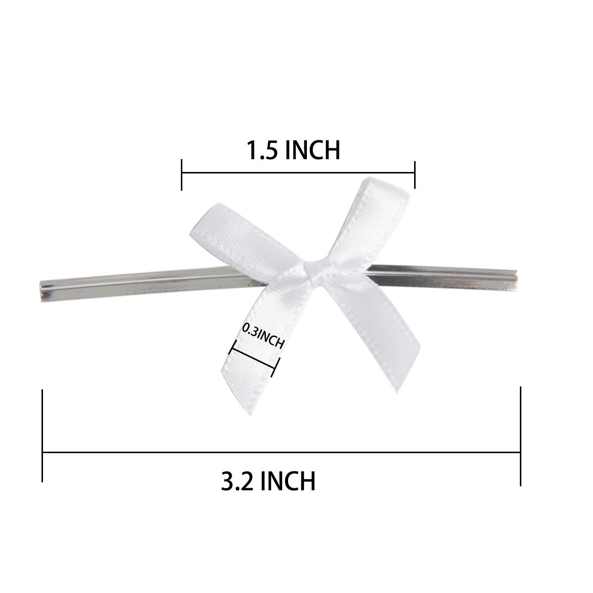 HAPY SHOP 100 PCS Cute Satin Ribbon Twist Tie Bows,3 Inches for Bakery Candy Lollipop Cello Bag,White