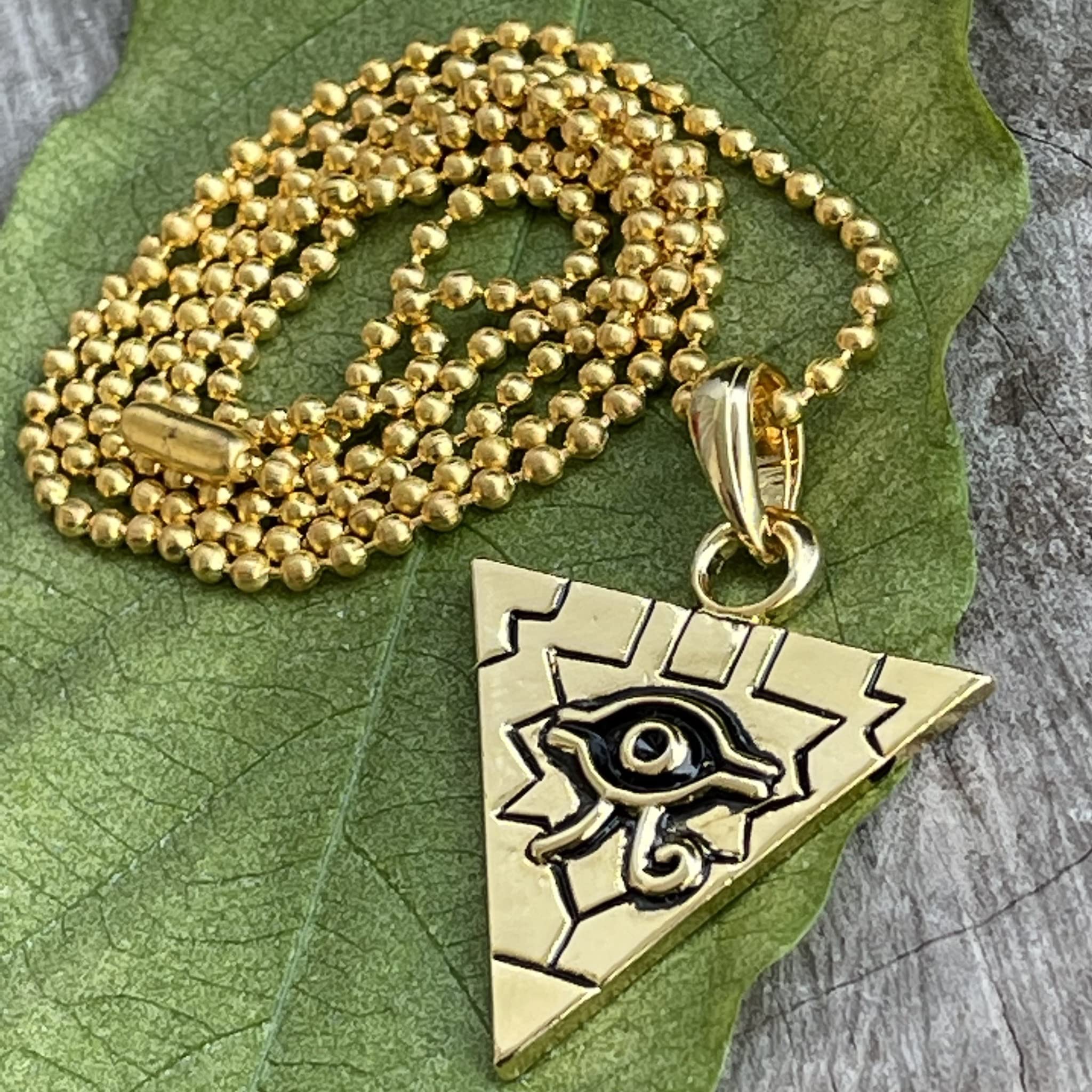 The Millenium Puzzle Illuminati Pyramid Horus Ra Evil All seeing Eye Men's Pendant Necklace Pewter Gold plated Pendant Money Wealth Lucky Charm Protection Amulet w Brass ball chain