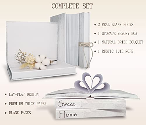 PMPX Decorative White Books, Secret Memory Box, 2 Hardcover Blank Journals Guest Book or Diary Home Sweet Home Rustic Farmhouse Décor Stacked Books for Wedding, Entry Way Table, Living Room Tables