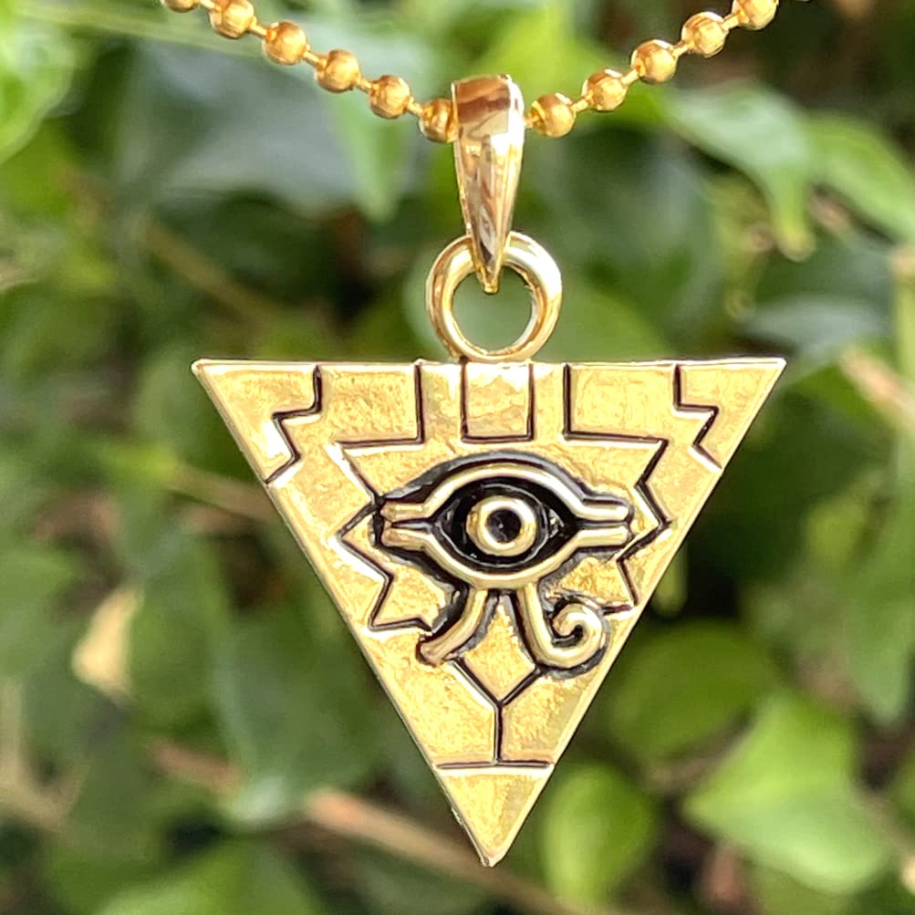 The Millenium Puzzle Illuminati Pyramid Horus Ra Evil All seeing Eye Men's Pendant Necklace Pewter Gold plated Pendant Money Wealth Lucky Charm Protection Amulet w Brass ball chain