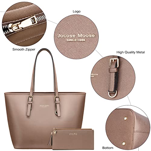 Jocose Moose Women's Tote Handbag, Fashion Leather Shoulder Bag ,Top Handle Satchel Purse Set 3pcs (Champagne Powder)