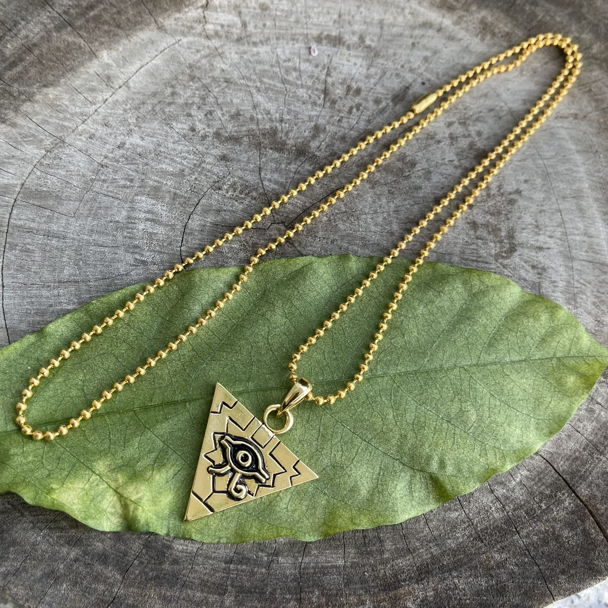 The Millenium Puzzle Illuminati Pyramid Horus Ra Evil All seeing Eye Men's Pendant Necklace Pewter Gold plated Pendant Money Wealth Lucky Charm Protection Amulet w Brass ball chain