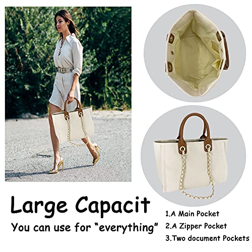 Hidora Women Canvas Handbag Purses Large Capacity Shoulder Bag For Ladies Daily Tote Bag(Beige)