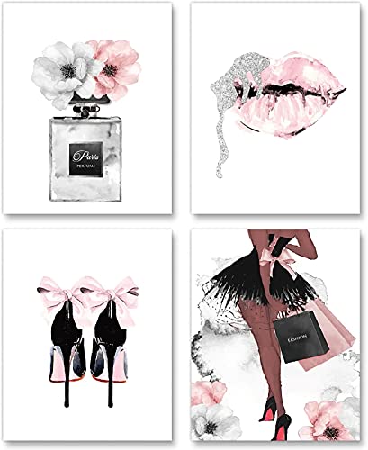 Watercolor Fashion Women Wall Art Glam Poster Modern Artwork for Girls Bedroom Pink Flowers Perfume Handbag High Heel Lips Paintings for Women Room Bathroom Gift (8x10 inch,Set of 4,Unframed)