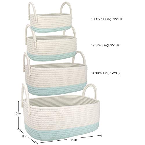 LA JOLIE MUSE 15 Inch Cotton Rope Woven Storage Basket Set of 4, Stackable Multipurpose Organizer Bins with Handles, White & Mint Green