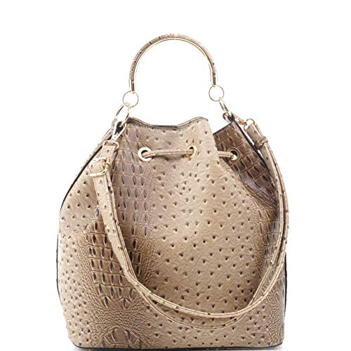 Boho Tassel Ostrich Print Vegan Leather Handle Bucket Handbag Satchel Wallet Set (Brown/Dark Brown)