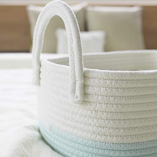 LA JOLIE MUSE 15 Inch Cotton Rope Woven Storage Basket Set of 4, Stackable Multipurpose Organizer Bins with Handles, White & Mint Green