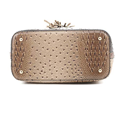 Boho Tassel Ostrich Print Vegan Leather Handle Bucket Handbag Satchel Wallet Set (Brown/Dark Brown)