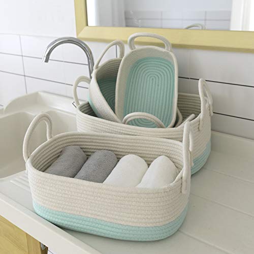 LA JOLIE MUSE 15 Inch Cotton Rope Woven Storage Basket Set of 4, Stackable Multipurpose Organizer Bins with Handles, White & Mint Green