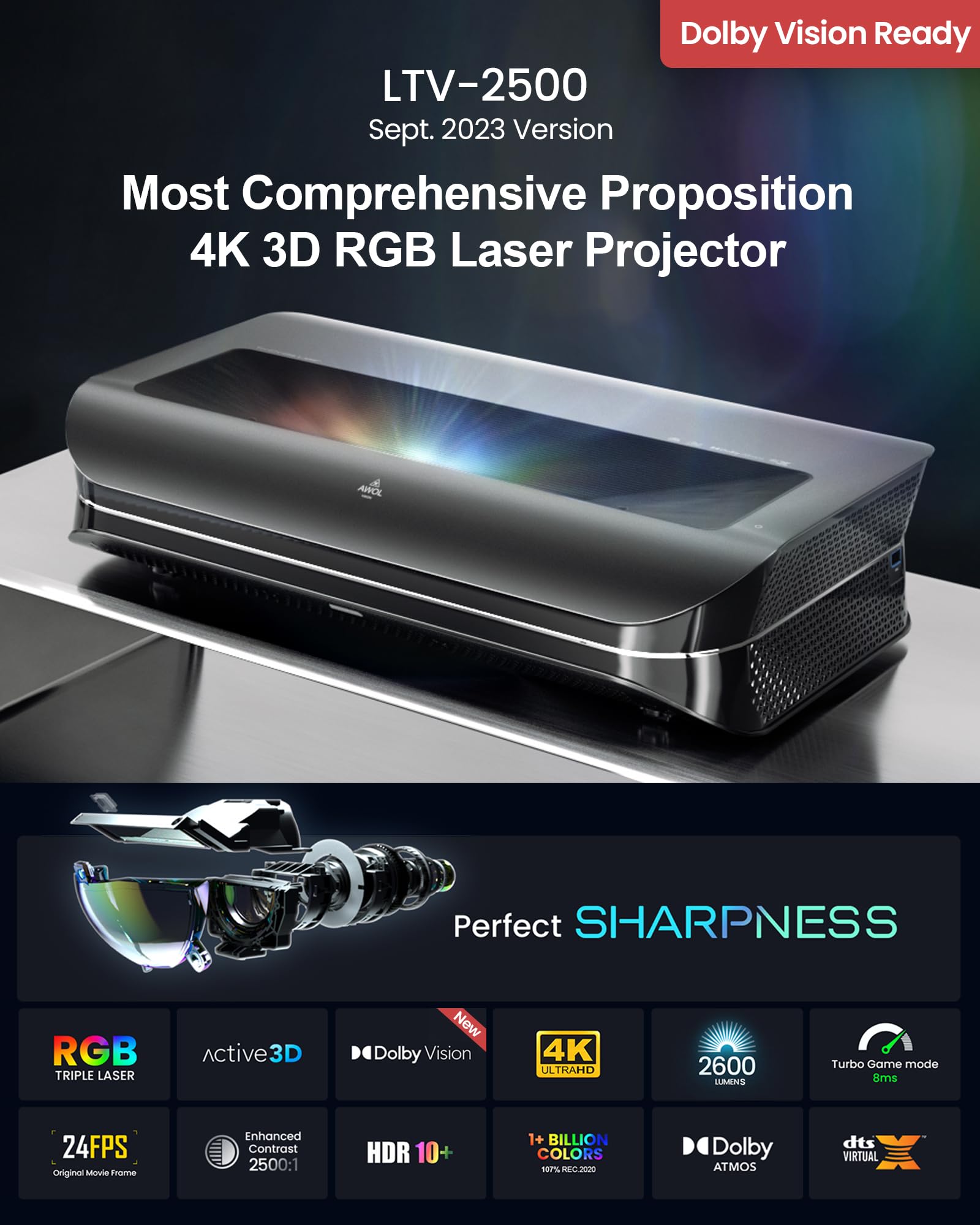 AWOL VISION LTV-2500 4K UHD Ultra Short Throw Triple Laser Projector, 150", 3D, 2600 Peak Lumen, HDR10+ with Dolby Atmos, UST Laser TV Projector Without Color Wheel (Fire TV Stick 4K Max Included)