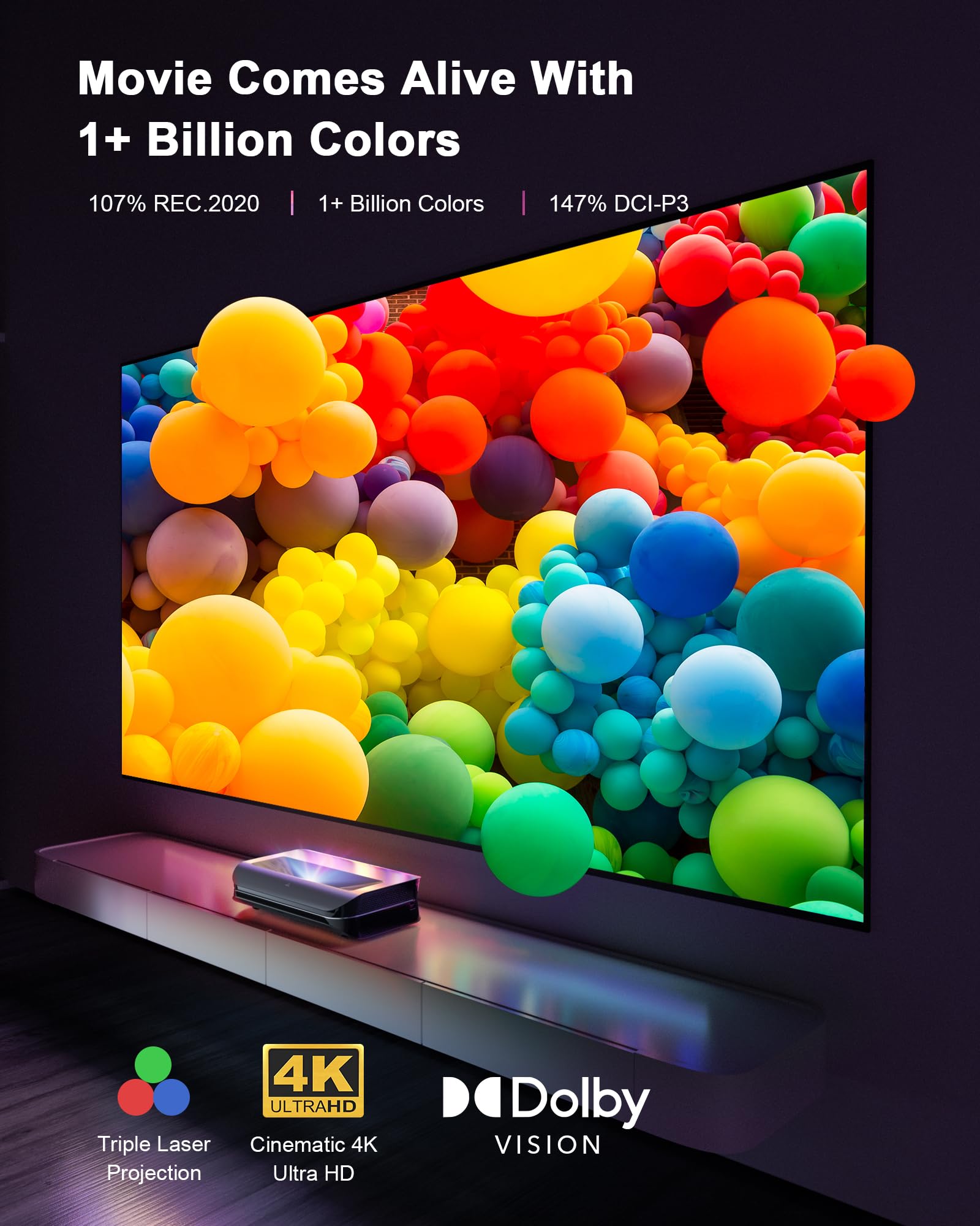 AWOL VISION LTV-2500 4K UHD Ultra Short Throw Triple Laser Projector, 150", 3D, 2600 Peak Lumen, HDR10+ with Dolby Atmos, UST Laser TV Projector Without Color Wheel (Fire TV Stick 4K Max Included)