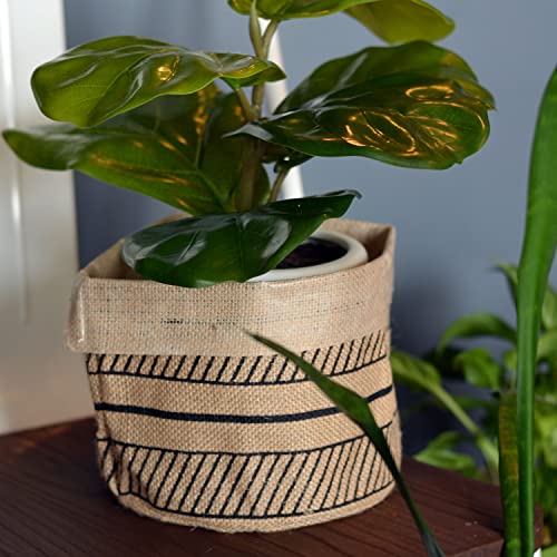 Geometric Striped Linen Plant Baskets, Set of 3, Beige and Black, Floor and Shelf Organizers, Durable Burlap Weave, Collapsible, Stitched, 13.75, 9.75 and 7.75 Inches