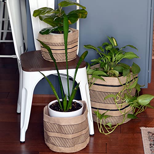Geometric Striped Linen Plant Baskets, Set of 3, Beige and Black, Floor and Shelf Organizers, Durable Burlap Weave, Collapsible, Stitched, 13.75, 9.75 and 7.75 Inches
