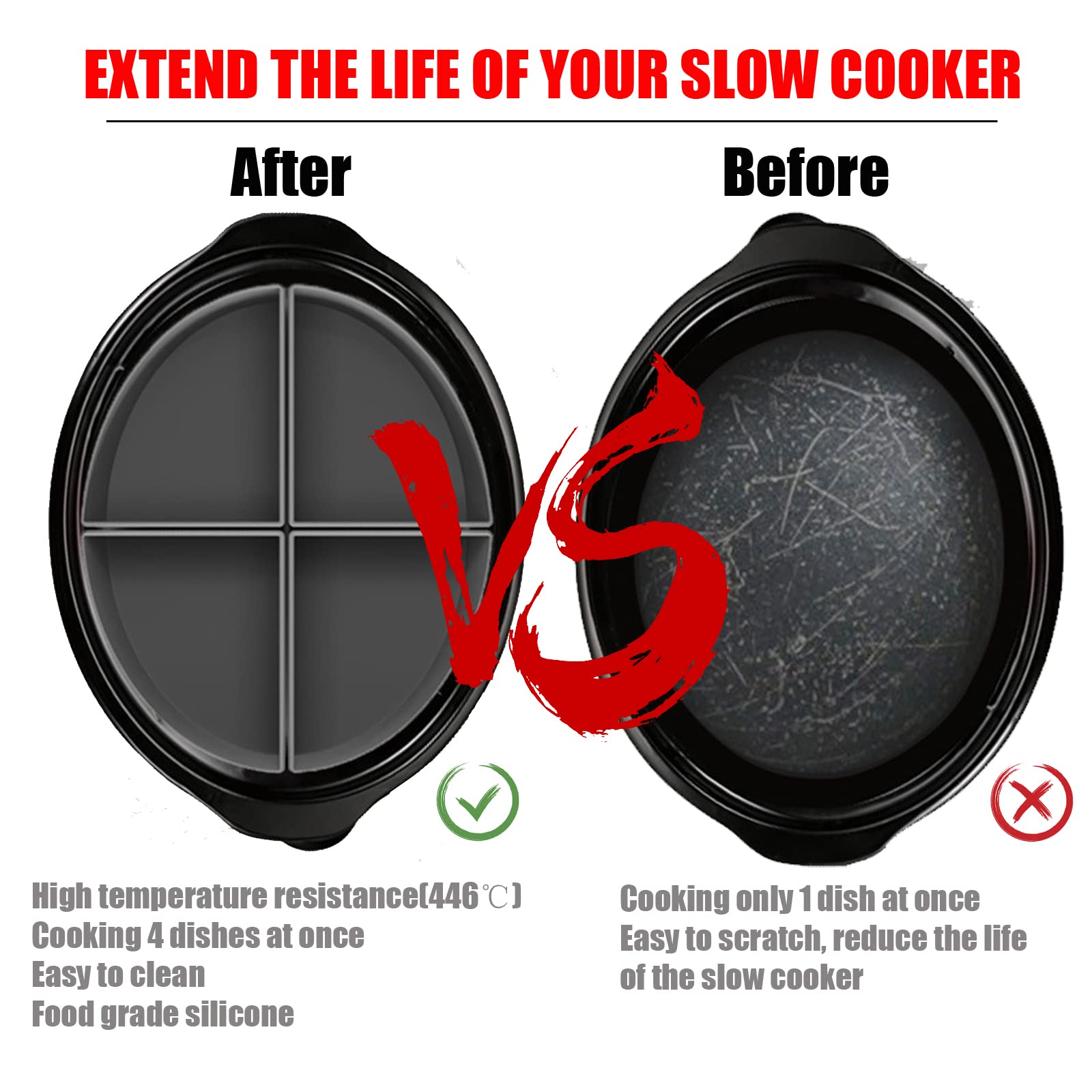 Slow Cooker Divider Liner fit 6 QT Crockpot, Reusable & Leakproof Silicone Crockpot Divider, Dishwasher Safe Cooking Liner for 6 Quart Pot (Grey)