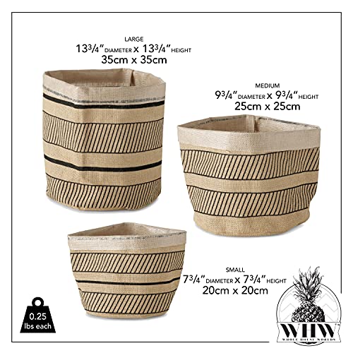 Geometric Striped Linen Plant Baskets, Set of 3, Beige and Black, Floor and Shelf Organizers, Durable Burlap Weave, Collapsible, Stitched, 13.75, 9.75 and 7.75 Inches