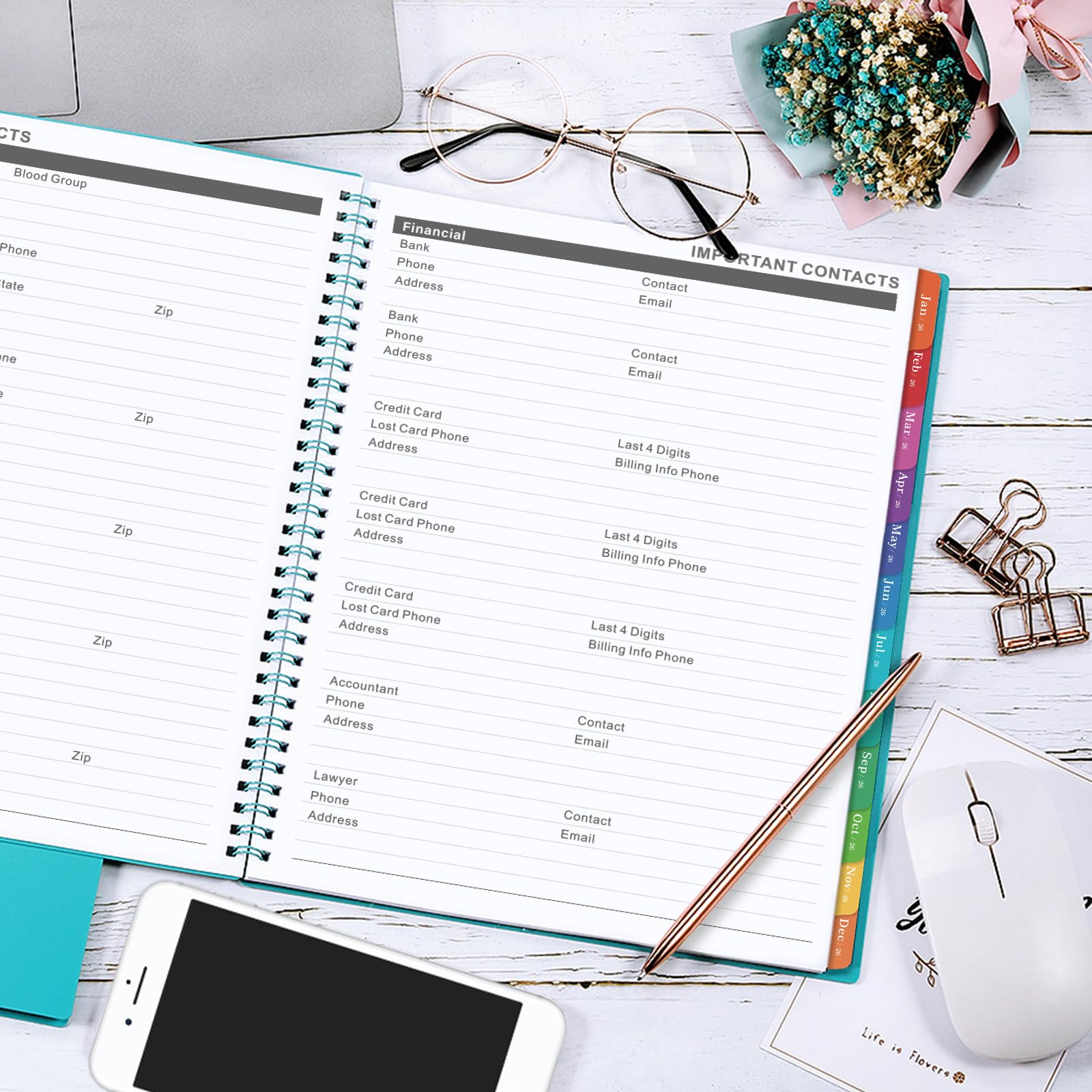 Monthly Planner/Calendar 2023-2024 - 2023-2024 Monthly Planner, Jul. 2023 - Dec. 2024, 8.5" x 11", 18-Month Planner 2023-2024 with Tabs, Pocket, Label, Contacts and Passwords, Twin-Wire Binding - Teal by Artfan