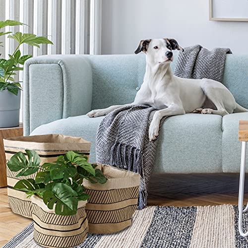 Geometric Striped Linen Plant Baskets, Set of 3, Beige and Black, Floor and Shelf Organizers, Durable Burlap Weave, Collapsible, Stitched, 13.75, 9.75 and 7.75 Inches