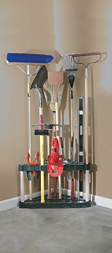 Rubbermaid Medium Vertical Resin Weather Resistant Outdoor Garden Storage Shed, 5x4 Feet, Sandstone & Corner Tool Rack, Tool Organizer, Broom Holder and Garden Tool Organizer
