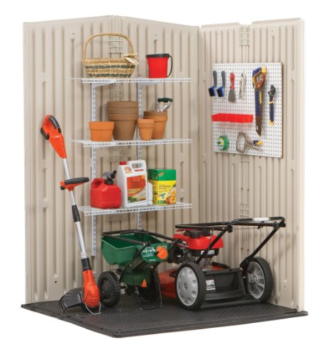 Rubbermaid Medium Vertical Resin Weather Resistant Outdoor Garden Storage Shed, 5x4 Feet, Sandstone & Corner Tool Rack, Tool Organizer, Broom Holder and Garden Tool Organizer