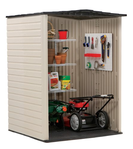 Rubbermaid Medium Vertical Resin Weather Resistant Outdoor Garden Storage Shed, 5x4 Feet, Sandstone & Corner Tool Rack, Tool Organizer, Broom Holder and Garden Tool Organizer