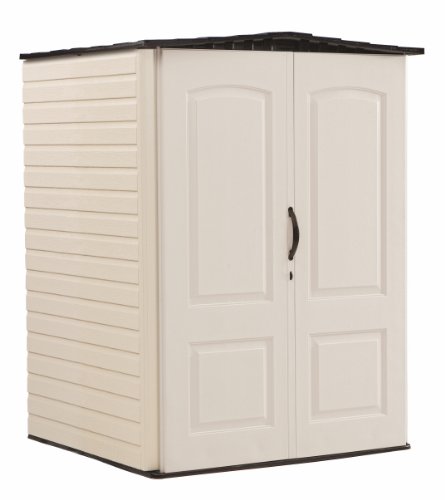 Rubbermaid Medium Vertical Resin Weather Resistant Outdoor Garden Storage Shed, 5x4 Feet, Sandstone & Corner Tool Rack, Tool Organizer, Broom Holder and Garden Tool Organizer