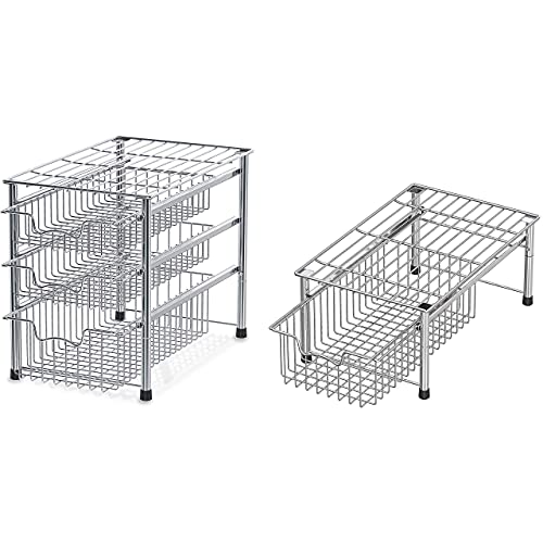 Simple Houseware Stackable 3 Tier Sliding Basket + Single Tier Basket, Chrome